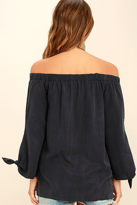 Lovely Navy Blue Top - Off-the-Shoulder Top - Long Sleeve Top - $43.00