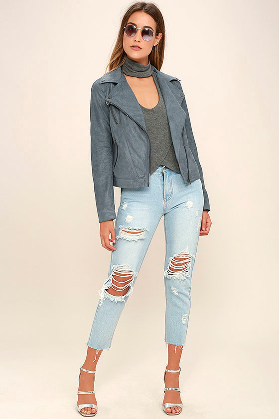 Chic Slate Blue Jacket - Moto Jacket - Vegan Suede Jacket - $78.00