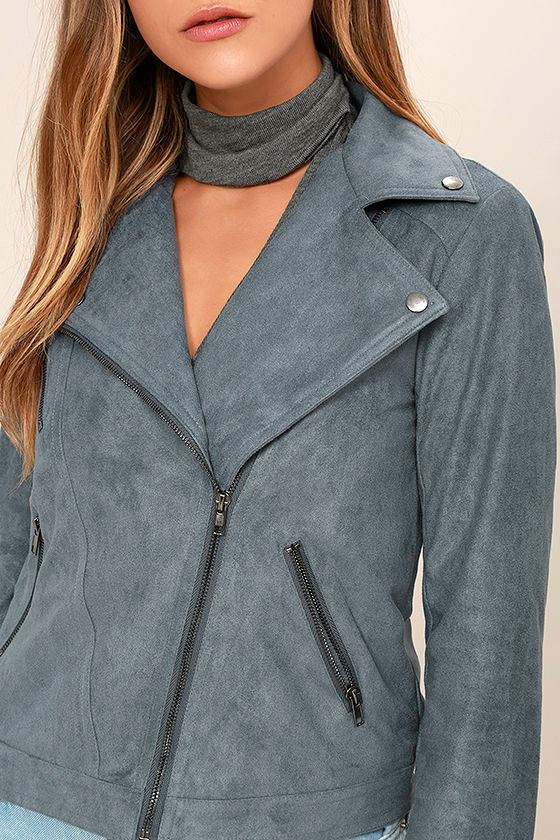 Chic Slate Blue Jacket - Moto Jacket - Vegan Suede Jacket - $78.00
