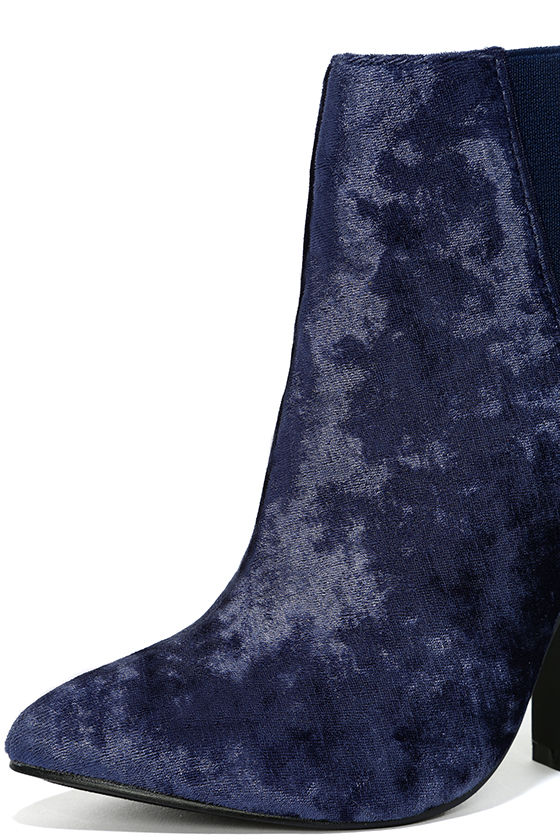 Chic Navy Blue Boots - Crushed Velvet Ankle Booties - High Heel Booties ...