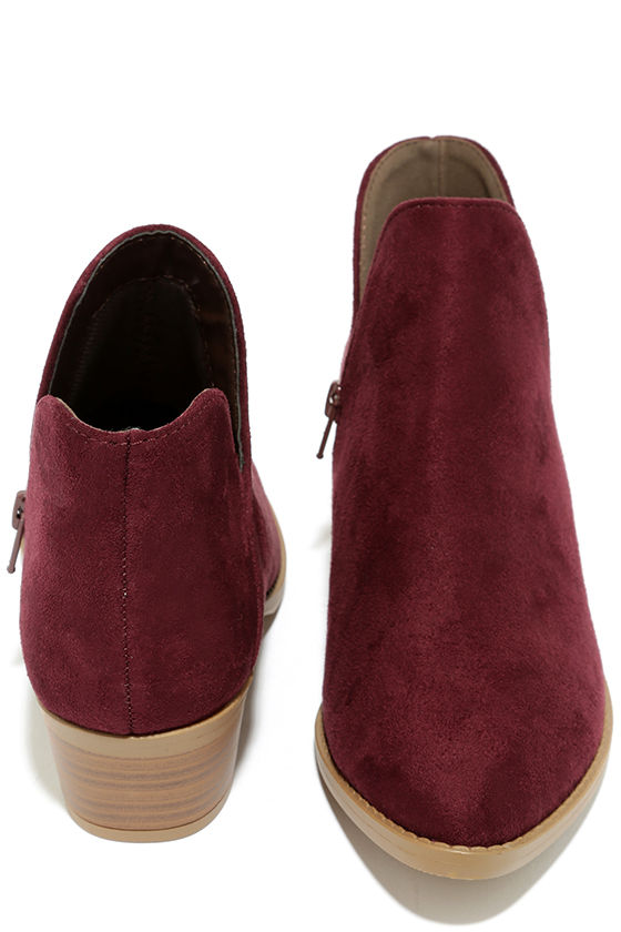 Cute Wine Red Booties - Vegan Suede Booties - Pointed Toe Booties - $28.00