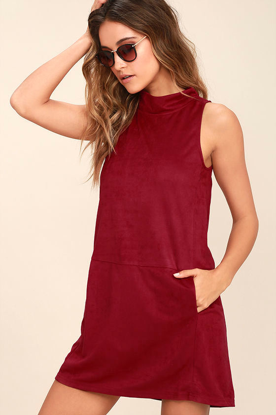 Chic Wine Red Dress - Sleeveless Dress - Shift Dress - Vegan Suede ...