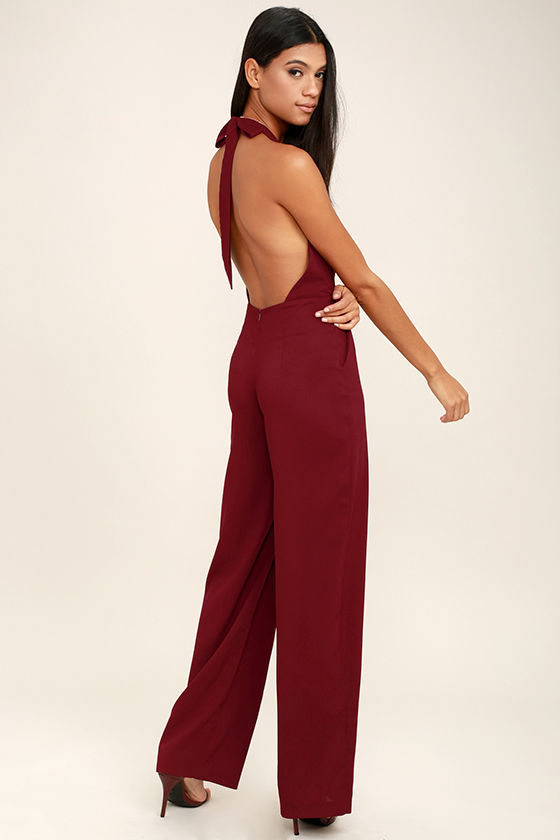 Sexy Burgundy Jumpsuit Woven Jumpsuit Halter Jumpsuit 56 00