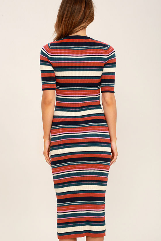 Retro Striped Dress - Bodycon Dress - Midi Dress - Sweater Dress - $56.00