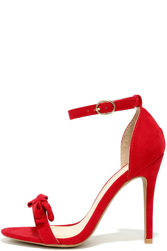 Cute Red Heels - Ankle Strap Heels - Vegan Suede Dress Sandals - Bow ...