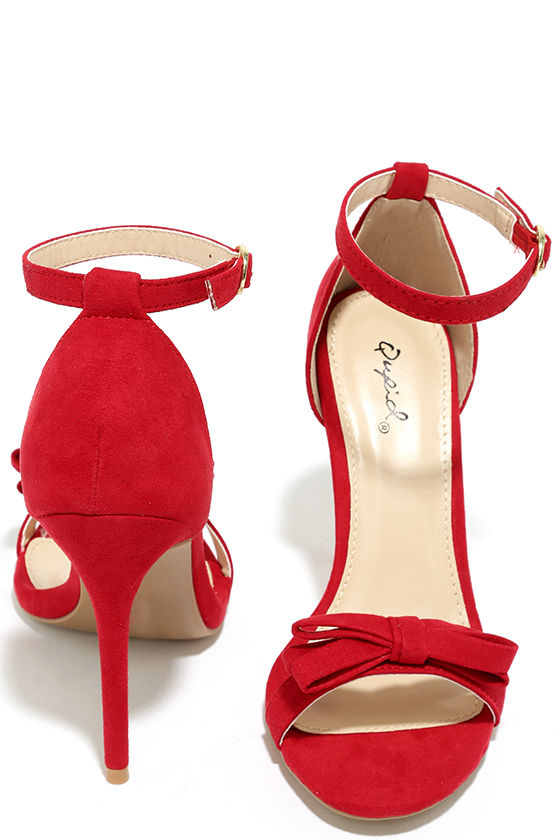 Cute Red Heels - Ankle Strap Heels - Vegan Suede Dress Sandals - Bow ...