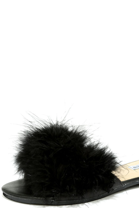 Cute Black Slide Sandals - Feather Slide Sandals - Kitten Heel Sandals ...