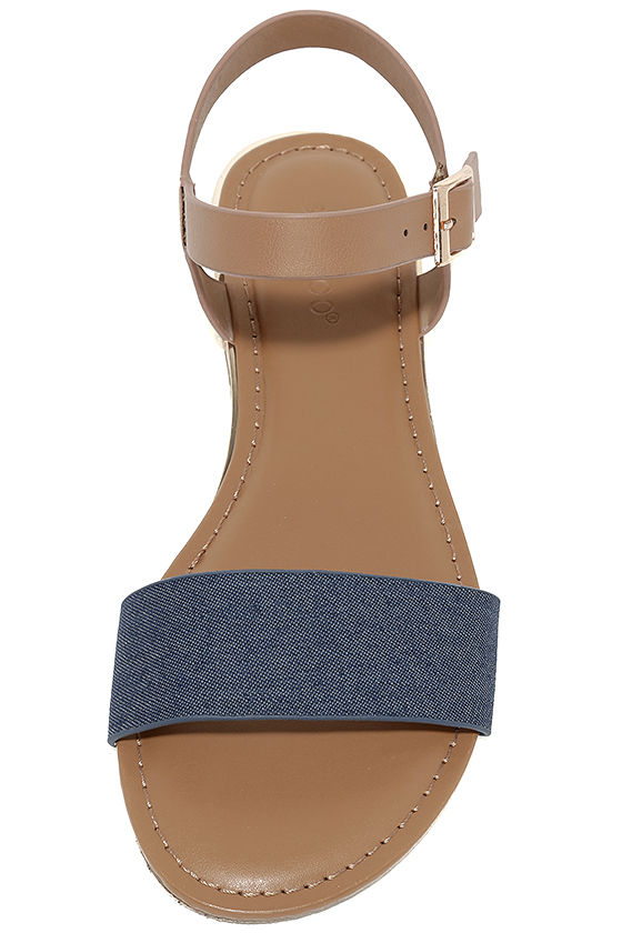Cute Denim Sandals - Wedge Sandals - Blue and Brown Sandals - $21.00