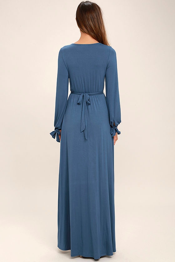 Lovely Slate Blue Dress - Maxi Dress - Long Sleeve Maxi Dress - $68.00