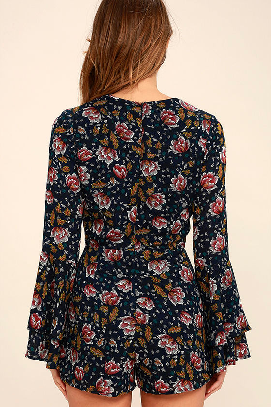 Lovely Navy Blue Romper Floral Print Romper Long Sleeve Romper
