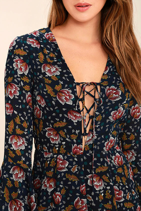 Lovely Navy Blue Romper Floral Print Romper Long Sleeve Romper