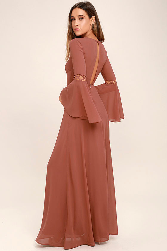Lovely Rusty Rose Dress - Long Sleeve Dress - Maxi Dress - Cutout Dress ...