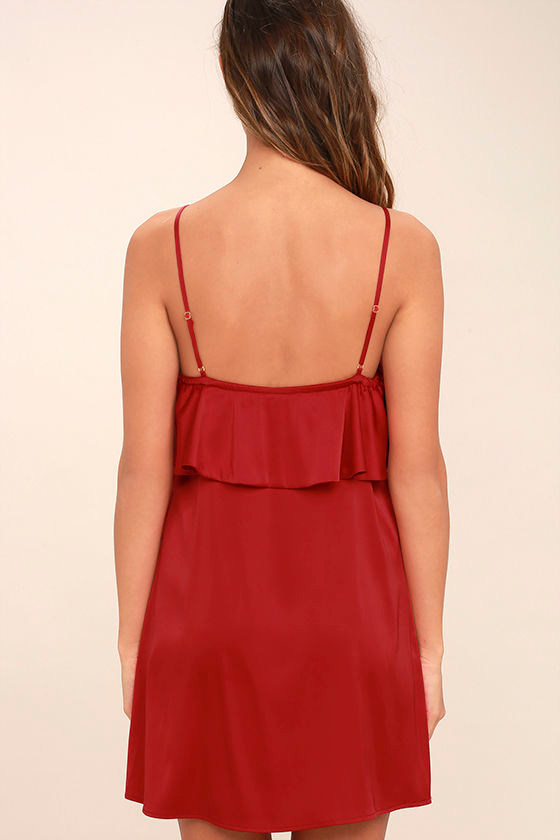 Sexy Dark Red Dress - Red Satin Dress - Ruffled Dress - Shift Dress ...