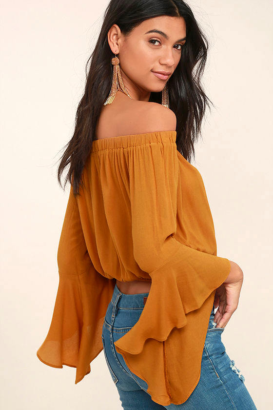 Fun Burnt Orange Top - Off-the-Shoulder Top - Bell Sleeve Top - Crop ...