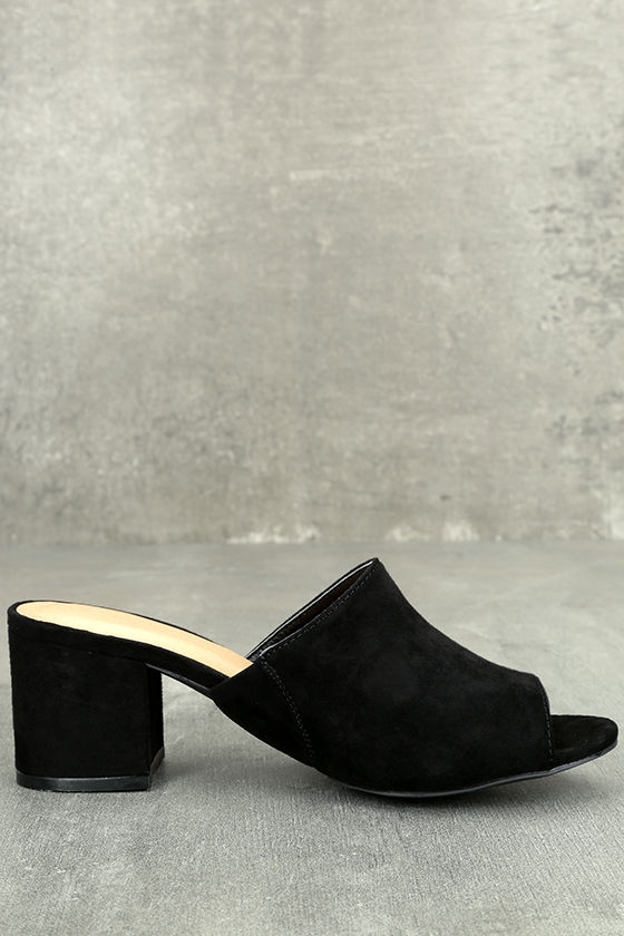 Chic Black Heels - Vegan Suede Mules - Black Mules - Peep-Toe Mules ...
