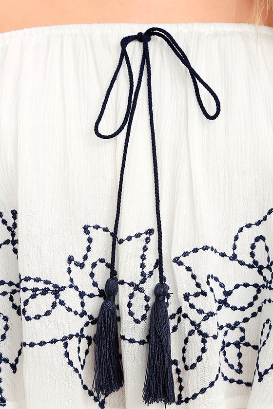 Cool Blue And White Top Off The Shoulder Top Embroidered Top 41 00