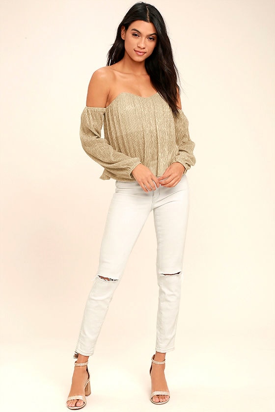 Chic Gold Top - Off-The-Shoulder Top - Long Sleeve Top - Crop Top - $57.00