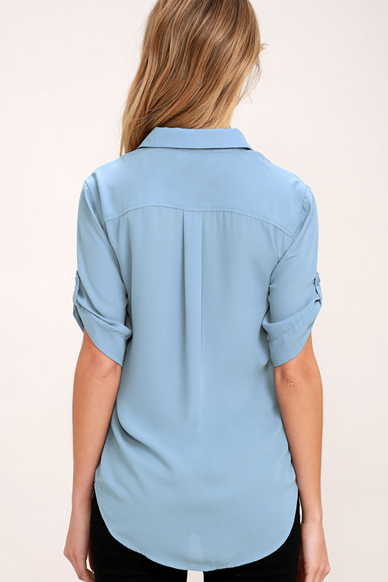 Cute Slate Blue Top - Button-Up Top - Short Sleeve Top - $44.00