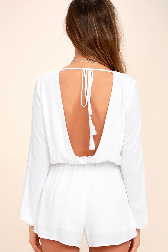 Sexy White Romper - Backless Romper - Long Sleeve Romper - $54.00