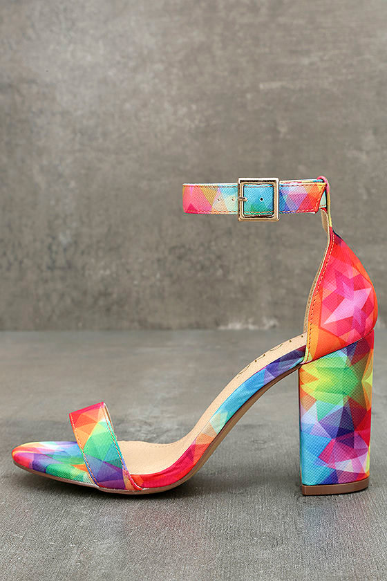 Fun Print Ankle Strap Heels - Rainbow Print Heels - Geo Print Heels ...