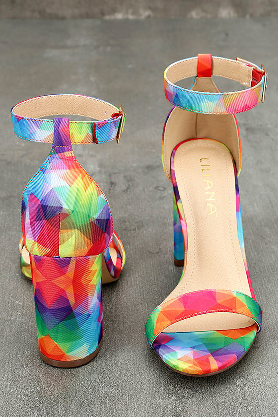 Fun Print Ankle Strap Heels - Rainbow Print Heels - Geo Print Heels ...