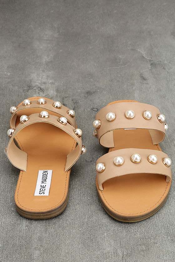 Steve Madden Jole - Nude Sandals - Leather Sandals - Nude Slide Sandals ...