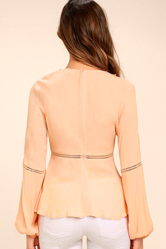 Pretty Peach Top - Lace Top - Long Sleeve Top - Embroidered Top - $47.00