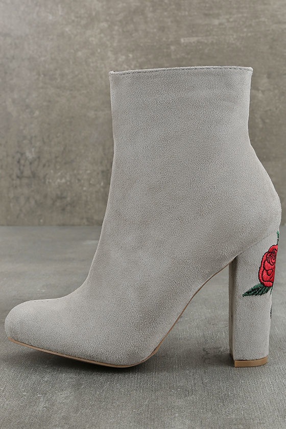 Cute Light Grey Booties - Vegan Suede Booties - Embroidered Booties ...