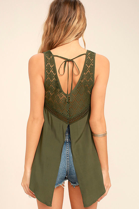 Olive Green Top - Lace Top - High-Low Top - $35.00