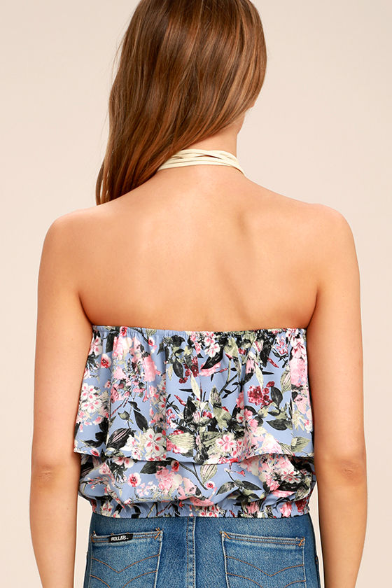 Cute Periwinkle Blue Top - Floral Print Top - Strapless Top - Crop Top ...