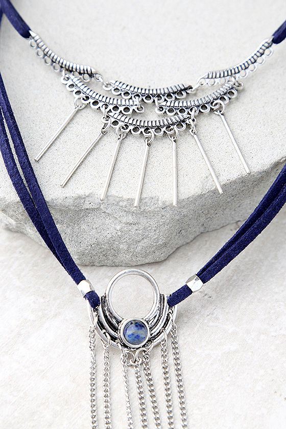 Chic Navy Blue Layered Choker Necklace - Chain Fringe Necklace - Suede ...