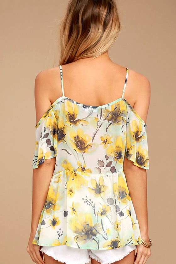 Cute Yellow Floral Print Top Off The Shoulder Top Peplum Top 45 00