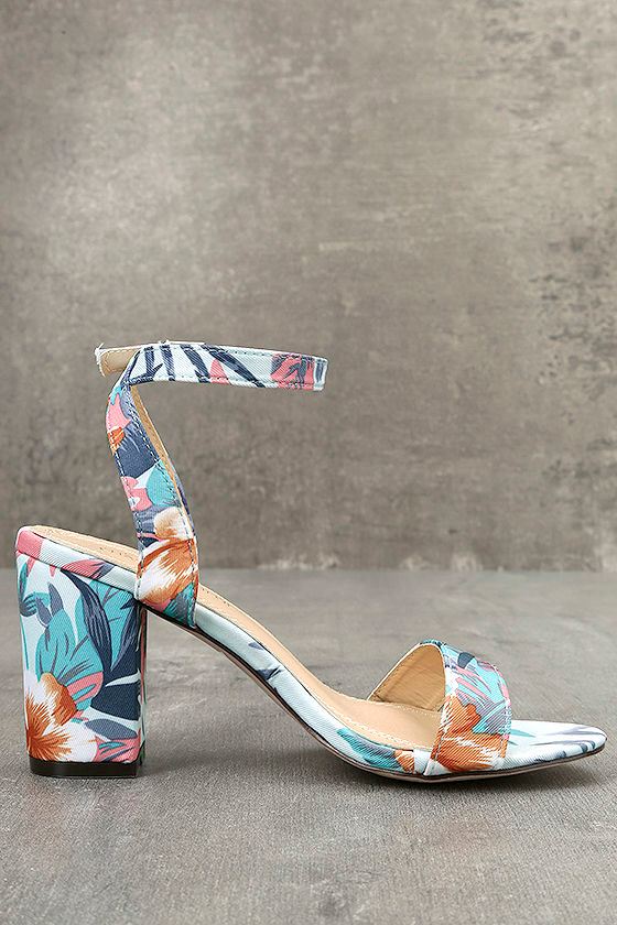 Light Blue Print Heels - Ankle Strap Heels - Block Heels - Tropical ...
