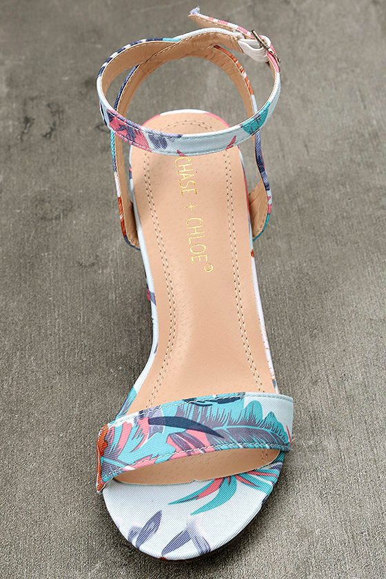 Light Blue Print Heels - Ankle Strap Heels - Block Heels - Tropical ...