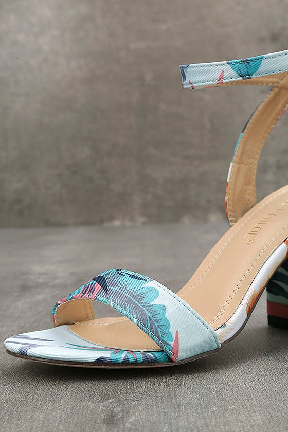Light Blue Print Heels - Ankle Strap Heels - Block Heels - Tropical ...