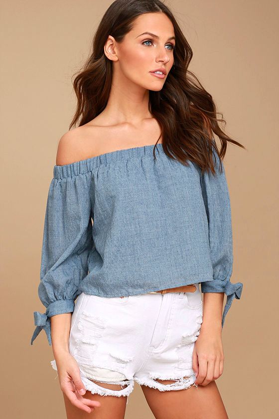 Cute Denim Blue Top - Off-the-Shoulder Top - Long Sleeve Top - $38.00