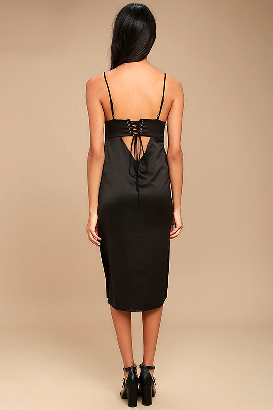 Sexy Black Dress - Satin Midi Dress - Midi Slip Dress - Lace-Up Slip ...