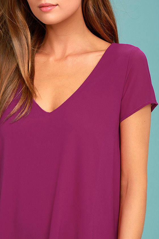 Chic Short Sleeve Magenta Dress - V-Neck Dress