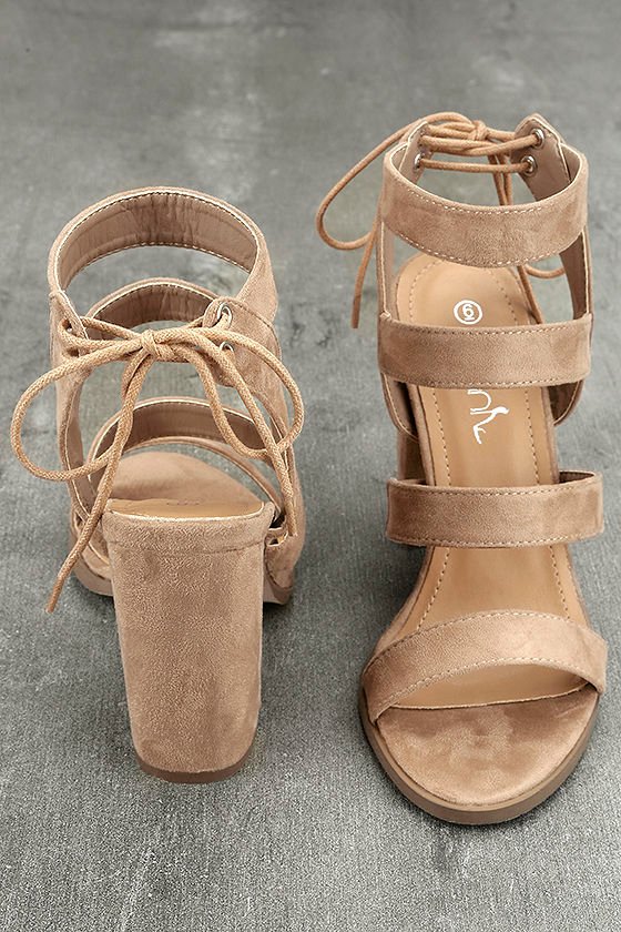 Beige High Heel Sandals - Vegan Suede Sandals - Block Heel