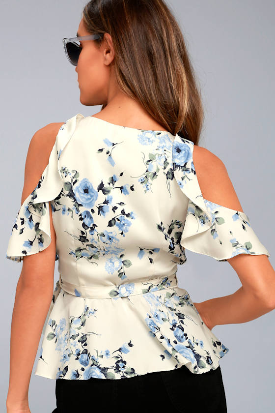 Chic Beige Floral Print Top - Wrap Top - Cold Shoulder Top - OTS Top