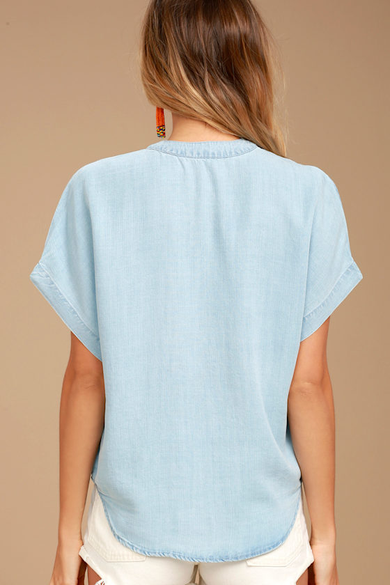 Cute Blue Top - Chambray Top - Tying Top - Short Sleeve Top
