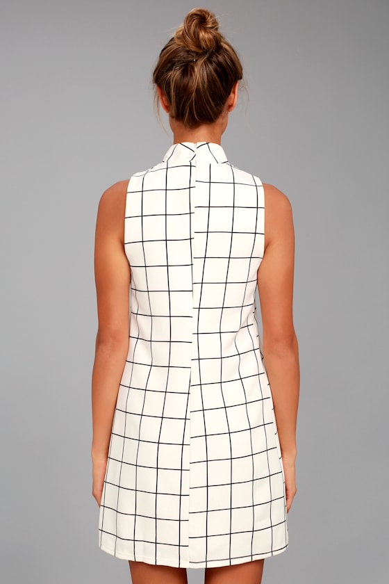 Cool Cream Grid Print Dress - Mock Neck Dress - Sheath Dress