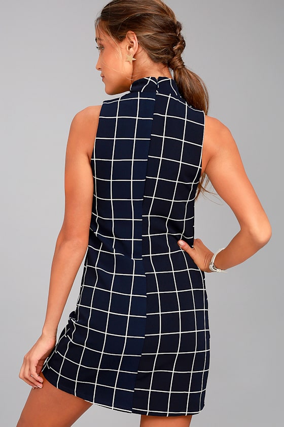 Cool Navy Grid Print Dress - Mock Neck Dress - Sheath Dress