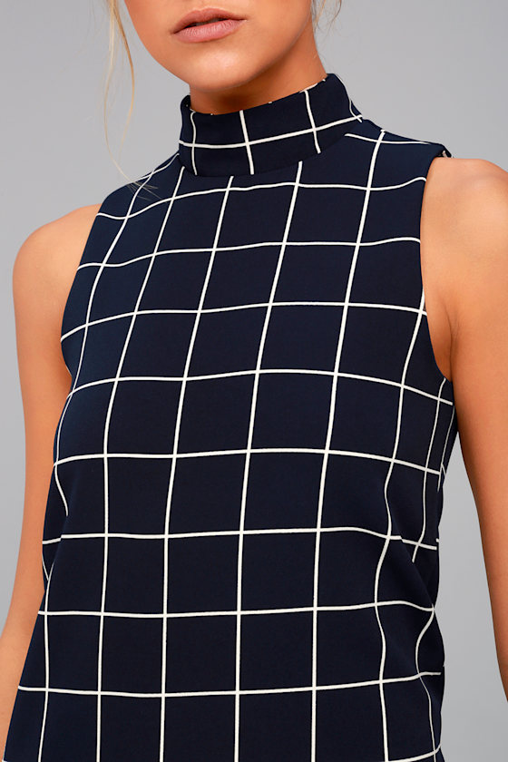 Cool Navy Grid Print Dress - Mock Neck Dress - Sheath Dress