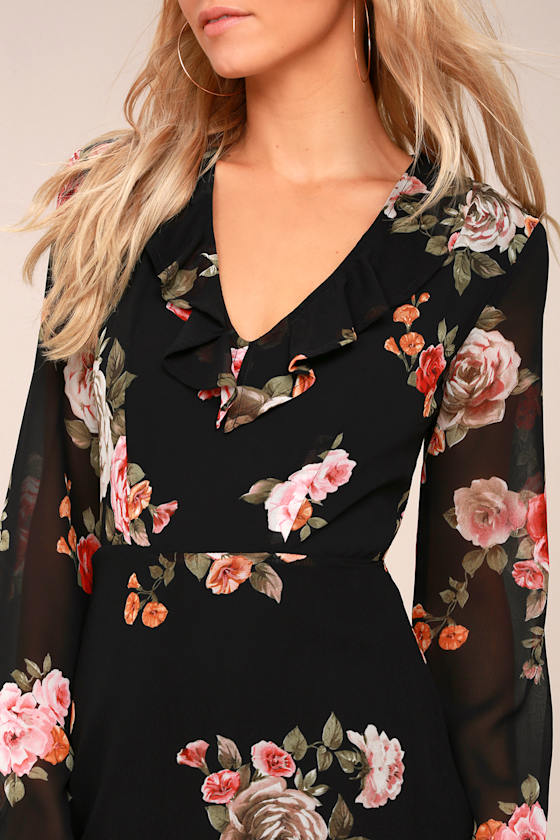 Chic Black Floral Dress - Long Sleeve Dress - Ruffled Dress