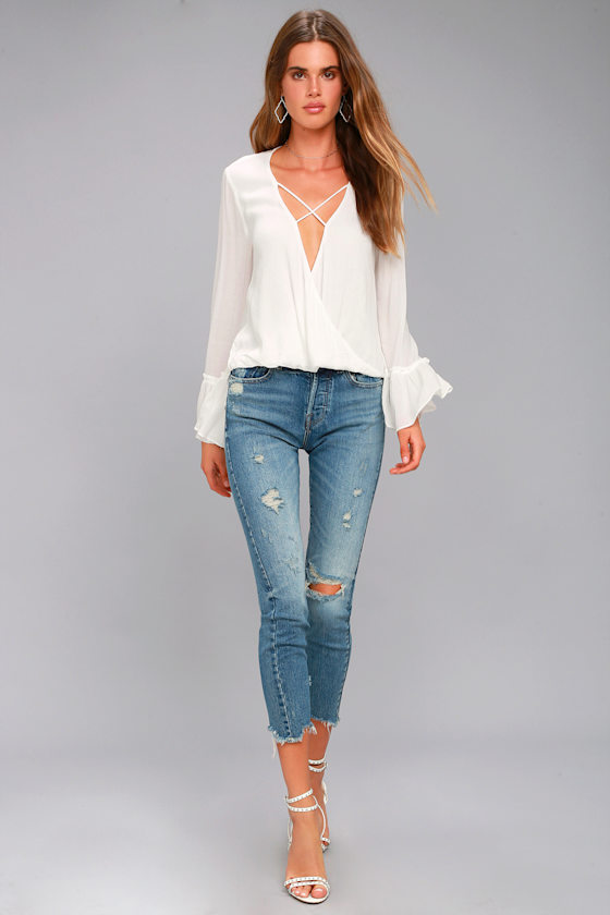 White Top - Long Sleeve Top - Wrap Top - Surplice Top