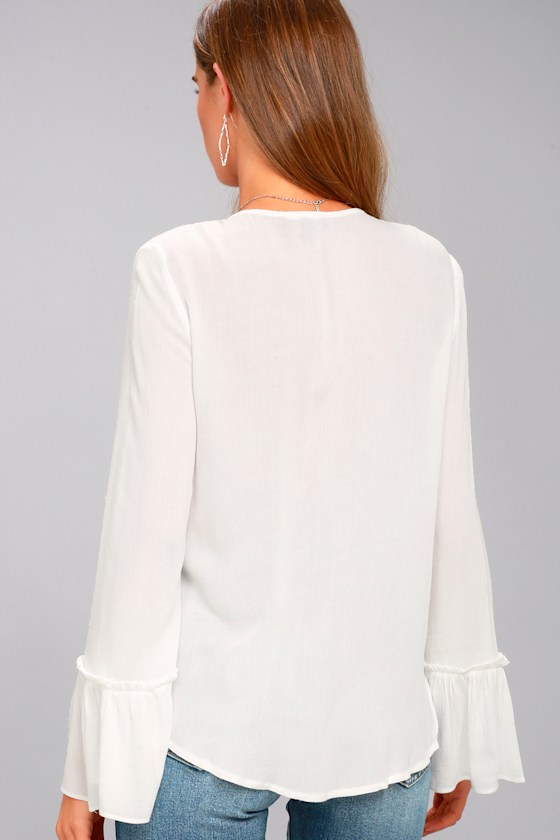 White Top - Long Sleeve Top - Wrap Top - Surplice Top