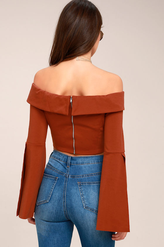 Chic Rust Red Top - Off-the-Shoulder Top - Bell Sleeve Top