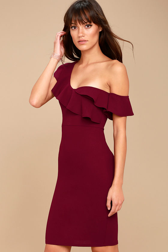 Chic Burgundy Dress - Off-the-Shoulder Dress - Bodycon Dress