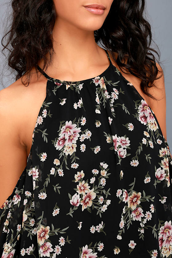 Lovely Black Floral Print Top - Cold-Shoulder Top